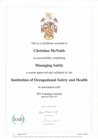 Tina McNabb passes her IOSH qualification in Managing Safely | Civil Safety